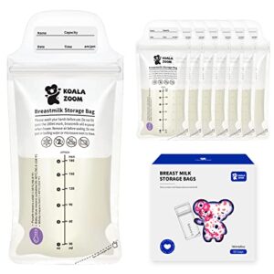 koalazoom breast milk storage bags, 60 count milk storage bags for breastmilk, breast milk storage bags freezer safe, temp-sensing discoloration, self standing bag, hygienically doubled-sealed, 6 oz