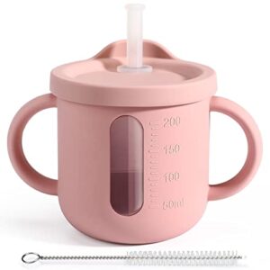 palmatte baby toddler cups with straw for infants 6 m+, 200ml perspective silicone training cup with lid handle marks, open sippy cups 6-12 months baby led weaning supplies baby shower gifts (blush)