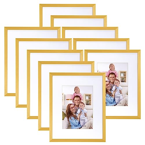 Giftgarden Gold 8x10 Picture Frame Set of 10, Matted to 5x7 Picture with Mat or 8 x 10 Photo without Mat, Multi Golden Frames for Wall and Tabletop Display