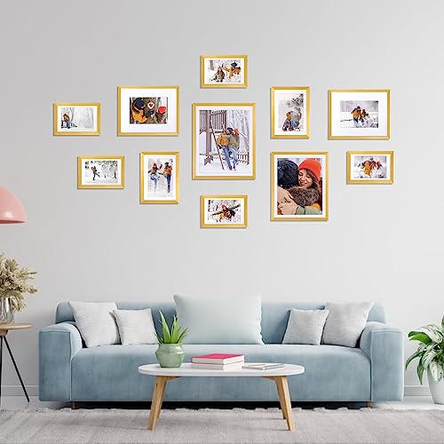 Giftgarden Gold 8x10 Picture Frame Set of 10, Matted to 5x7 Picture with Mat or 8 x 10 Photo without Mat, Multi Golden Frames for Wall and Tabletop Display