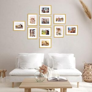 Giftgarden Gold 8x10 Picture Frame Set of 10, Matted to 5x7 Picture with Mat or 8 x 10 Photo without Mat, Multi Golden Frames for Wall and Tabletop Display