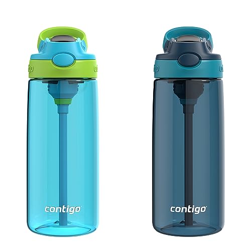 Contigo Aubrey Kids Cleanable Water Bottle with Silicone Straw and Spill-Proof Lid, Dishwasher Safe, 20oz 2-Pack, Blue Raspberry/Cool Lime & Blueberry/Juniper