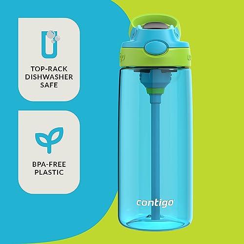 Contigo Aubrey Kids Cleanable Water Bottle with Silicone Straw and Spill-Proof Lid, Dishwasher Safe, 20oz 2-Pack, Blue Raspberry/Cool Lime & Blueberry/Juniper