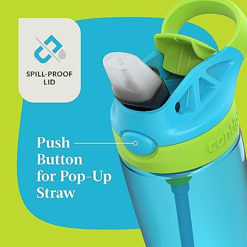 Contigo Aubrey Kids Cleanable Water Bottle with Silicone Straw and Spill-Proof Lid, Dishwasher Safe, 20oz 2-Pack, Blue Raspberry/Cool Lime & Blueberry/Juniper