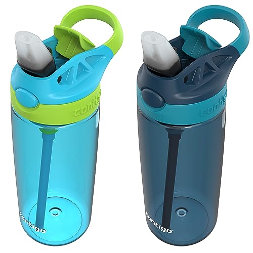 Contigo Aubrey Kids Cleanable Water Bottle with Silicone Straw and Spill-Proof Lid, Dishwasher Safe, 20oz 2-Pack, Blue Raspberry/Cool Lime & Blueberry/Juniper