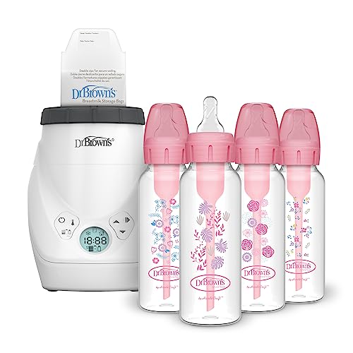 Dr. Brown's Milk Spa Breast Milk & Bottle Warmer with Anti-Colic Options+ Narrow Baby Bottles 8 oz/250 mL, with Level 1 Slow Flow Nipple, 4 Pack, Pink Floral, 0m+