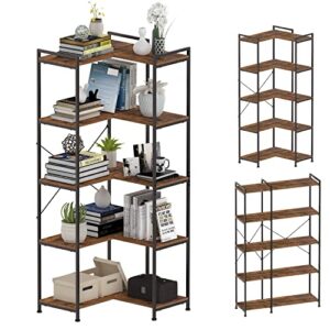 tohomeor bookshelf 5 tier deformable corner bookcase free standing modern industrial book storage display book shelf for bedroom living room study room office (brown)