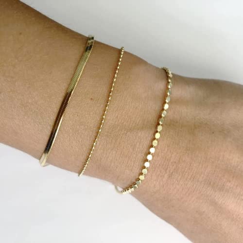 ASCOMY Dainty Gold Bracelets for Women 14K Gold Plated Gold Flat Herringbone Bracelet for Women Girls Cute Dot Link Ball Chain Bracelets Set Adjustable Layered Bracelet Trendy Gold Jewelry Gifts