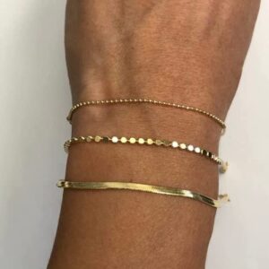 ASCOMY Dainty Gold Bracelets for Women 14K Gold Plated Gold Flat Herringbone Bracelet for Women Girls Cute Dot Link Ball Chain Bracelets Set Adjustable Layered Bracelet Trendy Gold Jewelry Gifts