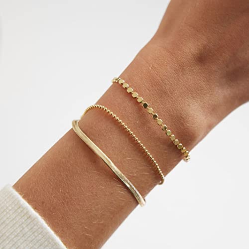 ASCOMY Dainty Gold Bracelets for Women 14K Gold Plated Gold Flat Herringbone Bracelet for Women Girls Cute Dot Link Ball Chain Bracelets Set Adjustable Layered Bracelet Trendy Gold Jewelry Gifts