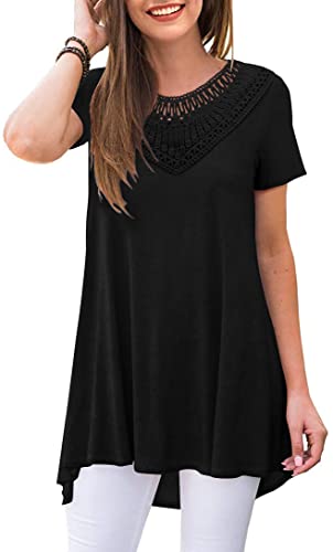 POPYOUNG Women's Summer Casual Short Sleeve Tunic Tops to wear with Leggings Crewneck Shirt Loose Blouse L, Solid Black Lace Crochet, Black