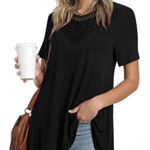 POPYOUNG Women's Summer Casual Short Sleeve Tunic Tops to wear with Leggings Crewneck Shirt Loose Blouse L, Solid Black Lace Crochet, Black