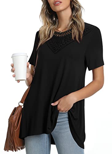 POPYOUNG Women's Summer Casual Short Sleeve Tunic Tops to wear with Leggings Crewneck Shirt Loose Blouse L, Solid Black Lace Crochet, Black