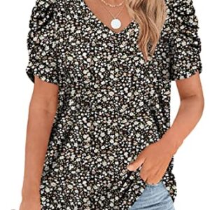 Spring Tops for Women Loose Fit Short Sleeve Tunic Tops to Hide Belly Brown Floral L