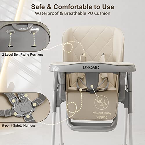 UMOMO U-20 Baby High Chair for Babies & Toddlers, Height Adjustable, High Chair w/Recline & Footrest, Removable Dishwasher Safe Meal Tray, Portable Baby Dinning Chair, Beige