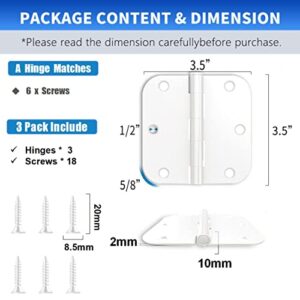 3 Pack Door Hinges Matte White,3.5 Inch Matte White Door Hinges with 5/8" Radius,Fit Standard Door/Bedroom Door/Exterior Door/Interal Door Hardware Hinges,Matte White Finish Door Hinges