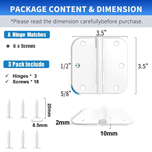 3 Pack Door Hinges Matte White,3.5 Inch Matte White Door Hinges with 5/8" Radius,Fit Standard Door/Bedroom Door/Exterior Door/Interal Door Hardware Hinges,Matte White Finish Door Hinges