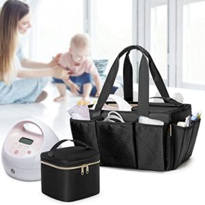 Fasrom Breast Pump Caddy Organizer Bag with Cooler Compatible with Spectra S1 and S2, Pumping Tote Bag Baby Diaper Storage Basket to Hold Pump Parts and Baby Items, Black (Patent Design)