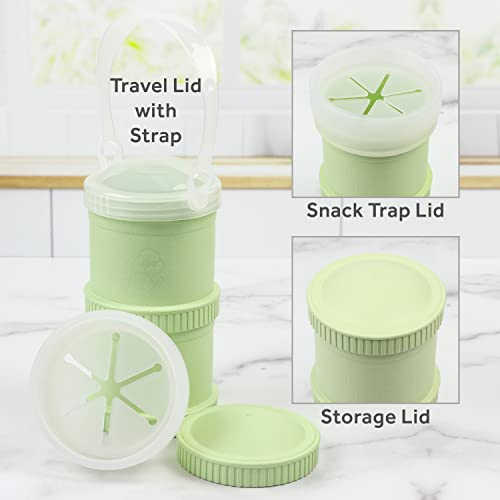 Re Play 2pk Snack Stack Food Storage Containers for Baby, Toddlers, and Children, Includes 3 Lids, Medical Grade Silicone Snack Lid, Storage Lid, & Travel Lid with Strap, Microwave Safe, Leaf