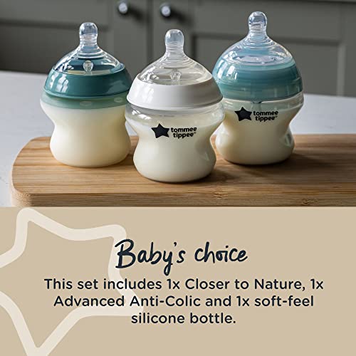 Tommee Tippee Baby’s Choice Bottle Set, 1x Closer to Nature, 1x Advanced Anti-Colic, 1x Silicone Baby Bottle, Breast-Like Nipples, 5fl oz, 0m+