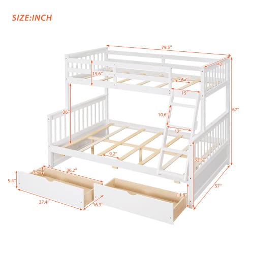 Twin-Over-Full Bunk Bed with Ladders and Two Storage Drawers