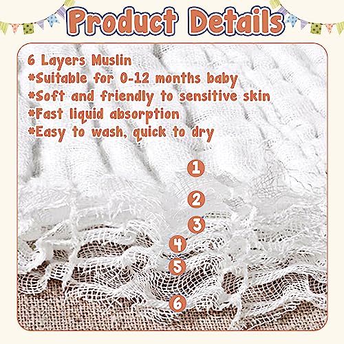 Zainpe 6Pcs Muslin Baby Burp Cloths for Baby Cotton Soft Burping Cloths with 6 Absorbent Layers Drooling Bib Newborn Towel for Unisex Infant Toddler Boys Girls Feeding Teething Sleeping 19.7 X 10.6 in