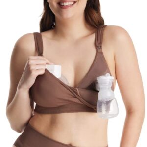 momcozy lycra pumping bra hands free with fixed padding for good shaping, comfortable support pumping and nursing bra in one, seamless maternity breast pump bra & maternity bra chocolate