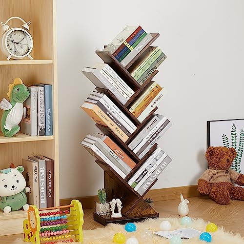 ruboka 8-Shelf Tree Bookshelf, 38.4-Inch Retro Floor Standing Bookcase Display for CDs/Magazine/Books, Small Bookshelf for Bedroom, Living Room, Office,Balcony, Brown Storage Shelves DESK54A