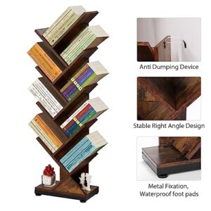 ruboka 8-Shelf Tree Bookshelf, 38.4-Inch Retro Floor Standing Bookcase Display for CDs/Magazine/Books, Small Bookshelf for Bedroom, Living Room, Office,Balcony, Brown Storage Shelves DESK54A