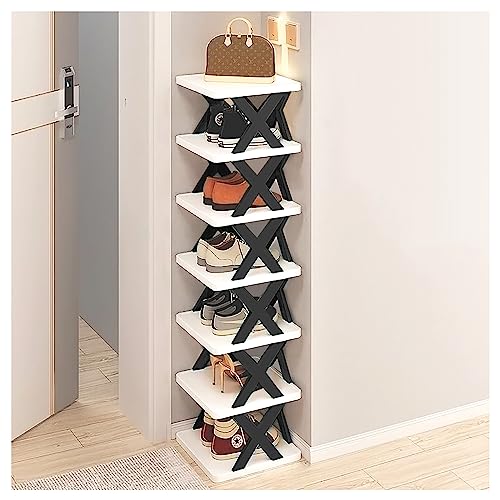 7 Tiers Small Shoe Rack,Narrow Vertical Free Standing Shoe Tower,Space Saving Furniture Shoe Storage Organizer for Corner,Entryway,Door,Hallway,Closet,Bedroom,Stable in Structure and Stackable,Black