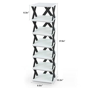 7 Tiers Small Shoe Rack,Narrow Vertical Free Standing Shoe Tower,Space Saving Furniture Shoe Storage Organizer for Corner,Entryway,Door,Hallway,Closet,Bedroom,Stable in Structure and Stackable,Black