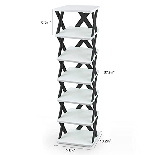 7 Tiers Small Shoe Rack,Narrow Vertical Free Standing Shoe Tower,Space Saving Furniture Shoe Storage Organizer for Corner,Entryway,Door,Hallway,Closet,Bedroom,Stable in Structure and Stackable,Black