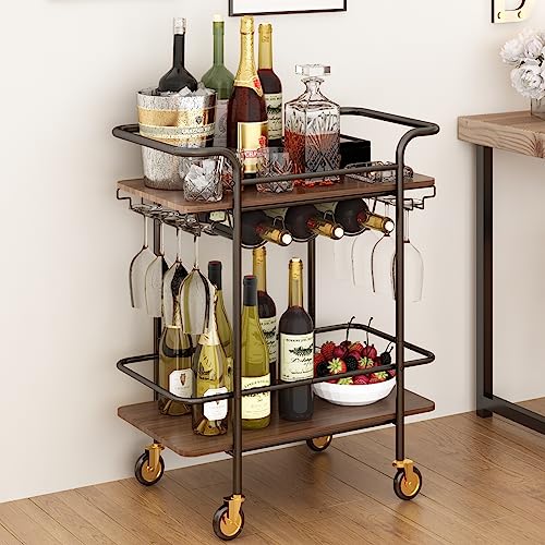 Wisdom Star 2 Tier Bar Cart with Wheels, Serving Cart with Wheels and 2 Handle, Outdoor Bar Cart for The Home with Wine Rack and Glass Holder, Kitchen Serving Cart for Home, Dining Room, Party, Black