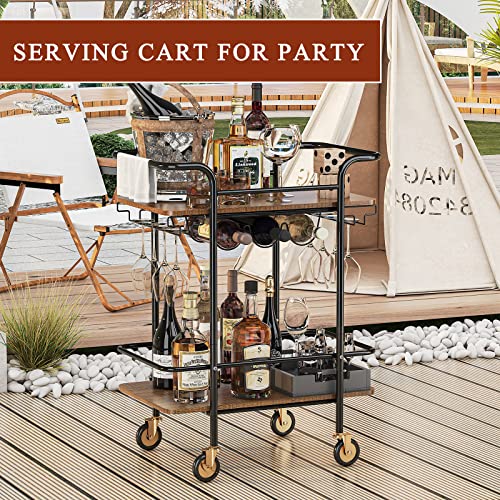 Wisdom Star 2 Tier Bar Cart with Wheels, Serving Cart with Wheels and 2 Handle, Outdoor Bar Cart for The Home with Wine Rack and Glass Holder, Kitchen Serving Cart for Home, Dining Room, Party, Black