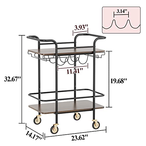 Wisdom Star 2 Tier Bar Cart with Wheels, Serving Cart with Wheels and 2 Handle, Outdoor Bar Cart for The Home with Wine Rack and Glass Holder, Kitchen Serving Cart for Home, Dining Room, Party, Black