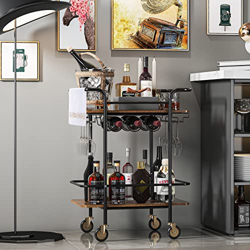 Wisdom Star 2 Tier Bar Cart with Wheels, Serving Cart with Wheels and 2 Handle, Outdoor Bar Cart for The Home with Wine Rack and Glass Holder, Kitchen Serving Cart for Home, Dining Room, Party, Black