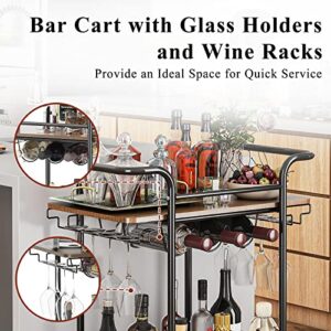 Wisdom Star 2 Tier Bar Cart with Wheels, Serving Cart with Wheels and 2 Handle, Outdoor Bar Cart for The Home with Wine Rack and Glass Holder, Kitchen Serving Cart for Home, Dining Room, Party, Black