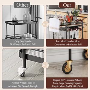 Wisdom Star 2 Tier Bar Cart with Wheels, Serving Cart with Wheels and 2 Handle, Outdoor Bar Cart for The Home with Wine Rack and Glass Holder, Kitchen Serving Cart for Home, Dining Room, Party, Black