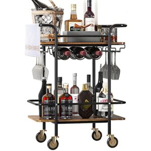 Wisdom Star 2 Tier Bar Cart with Wheels, Serving Cart with Wheels and 2 Handle, Outdoor Bar Cart for The Home with Wine Rack and Glass Holder, Kitchen Serving Cart for Home, Dining Room, Party, Black