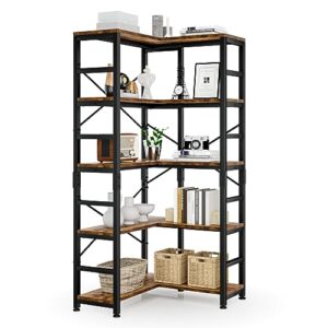 numenn 5 tier corner bookshelf, modern corner bookcase, large open shelf bookcase, tall bookshelves storage display rack for bedroom, living room and home office, vintage