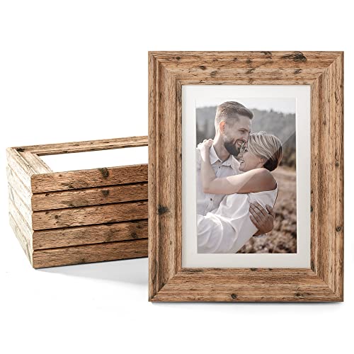 TWING 4x6 Picture Frames Set of 6, Rustic Farmhouse Picture Frame 3x5 with Mat or 4x6 Without Mat, Tabletop Display and Wall Mounting Collage picture Photo Frames Wood Brown,Walnut