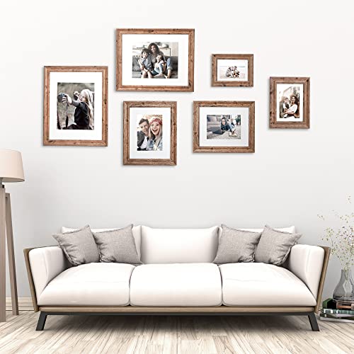 TWING 4x6 Picture Frames Set of 6, Rustic Farmhouse Picture Frame 3x5 with Mat or 4x6 Without Mat, Tabletop Display and Wall Mounting Collage picture Photo Frames Wood Brown,Walnut