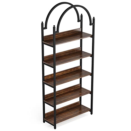 Tribesigns 5-Shelf Arched Bookcase, Industrial Metal Etagere Open Bookshelf, Rustic Wood Shelf with Black Metal Frame,72 Inches Tall(1, Brown+Black)