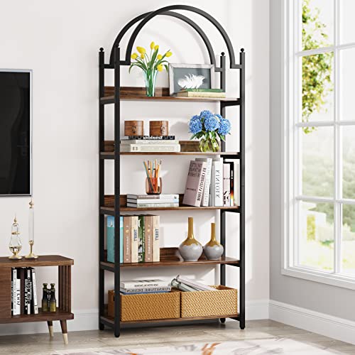 Tribesigns 5-Shelf Arched Bookcase, Industrial Metal Etagere Open Bookshelf, Rustic Wood Shelf with Black Metal Frame,72 Inches Tall(1, Brown+Black)