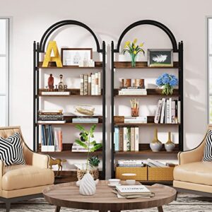 Tribesigns 5-Shelf Arched Bookcase, Industrial Metal Etagere Open Bookshelf, Rustic Wood Shelf with Black Metal Frame,72 Inches Tall(1, Brown+Black)