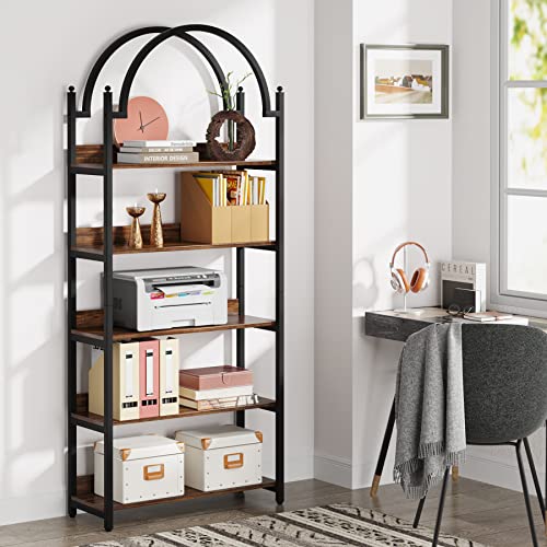 Tribesigns 5-Shelf Arched Bookcase, Industrial Metal Etagere Open Bookshelf, Rustic Wood Shelf with Black Metal Frame,72 Inches Tall(1, Brown+Black)