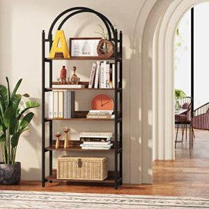 Tribesigns 5-Shelf Arched Bookcase, Industrial Metal Etagere Open Bookshelf, Rustic Wood Shelf with Black Metal Frame,72 Inches Tall(1, Brown+Black)