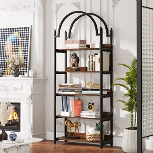 Tribesigns 5-Shelf Arched Bookcase, Industrial Metal Etagere Open Bookshelf, Rustic Wood Shelf with Black Metal Frame,72 Inches Tall(1, Brown+Black)