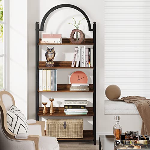 Tribesigns 5-Shelf Arched Bookcase, Industrial Metal Etagere Open Bookshelf, Rustic Wood Shelf with Black Metal Frame,72 Inches Tall(1, Brown+Black)