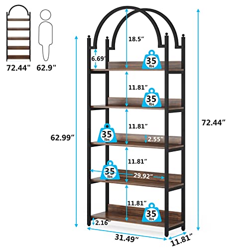 Tribesigns 5-Shelf Arched Bookcase, Industrial Metal Etagere Open Bookshelf, Rustic Wood Shelf with Black Metal Frame,72 Inches Tall(1, Brown+Black)